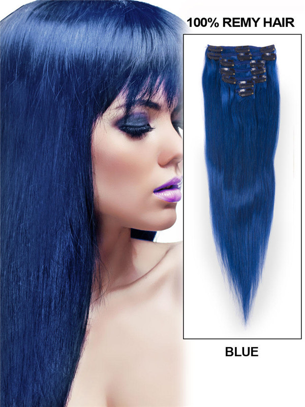 Blue(#Blue) Deluxe Straight Clip In Human Hair Extensions 7 Pieces