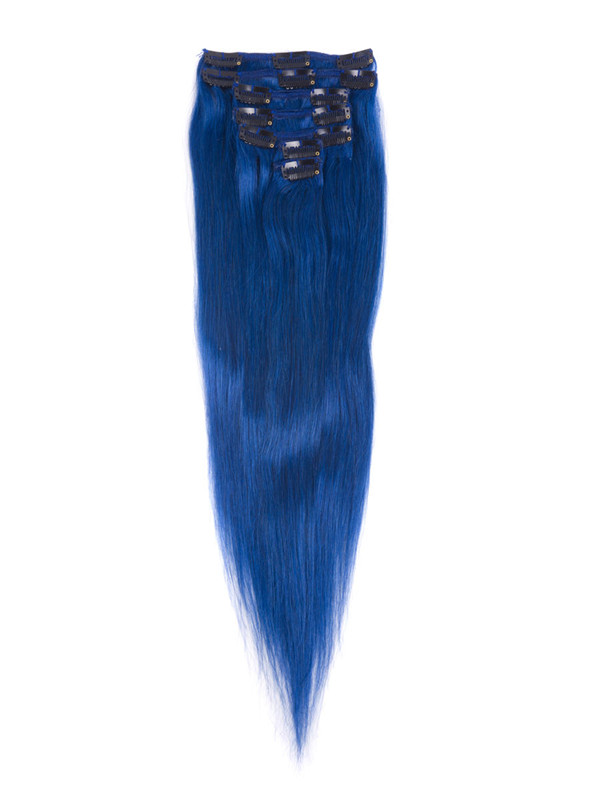 Blue(#Blue) Deluxe Straight Clip In Human Hair Extensions 7 Pieces