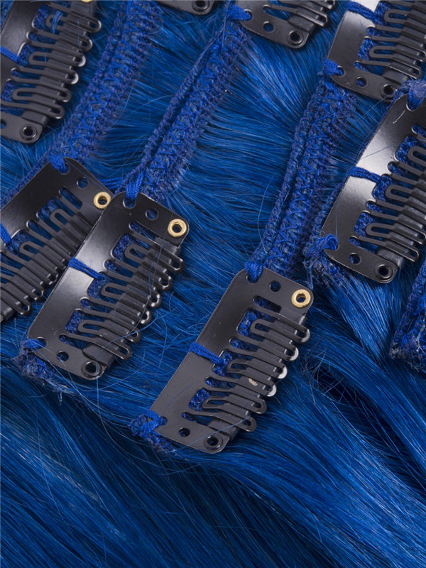Blue(#Blue) Deluxe Straight Clip In Human Hair Extensions 7 Pieces